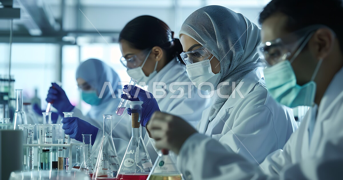 A team of Saudi Arabian Gulf laboratory technicians wearing gloves ...