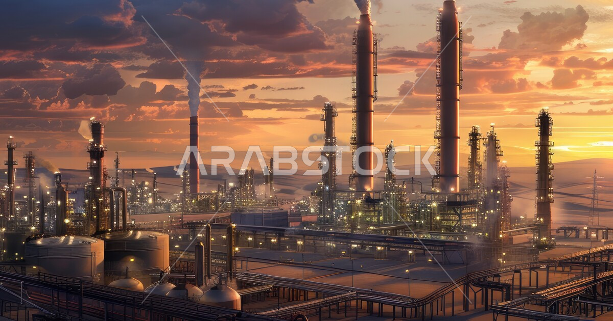 مصنع تكرير النفط والغاز في المنطقة الصناعية، خطوط الأنابيب والكابلات ...