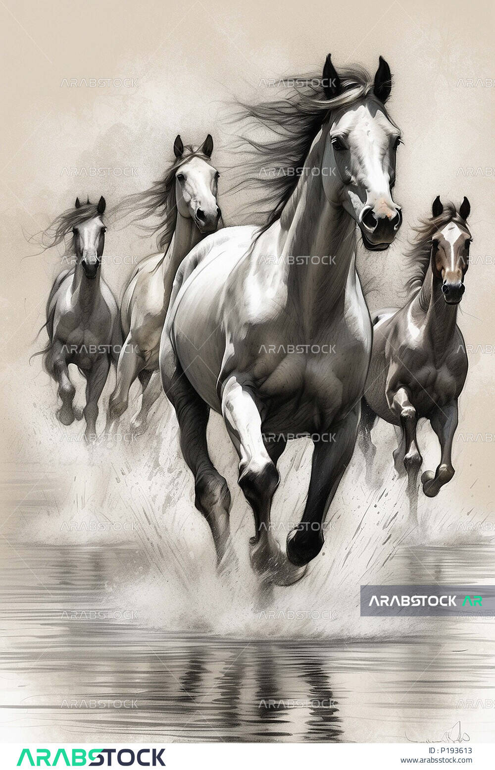Black and white painting of a group of purebred Arabian horses ...