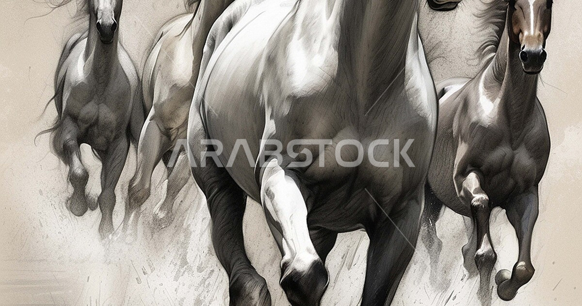 Black and white painting of a group of purebred Arabian horses ...