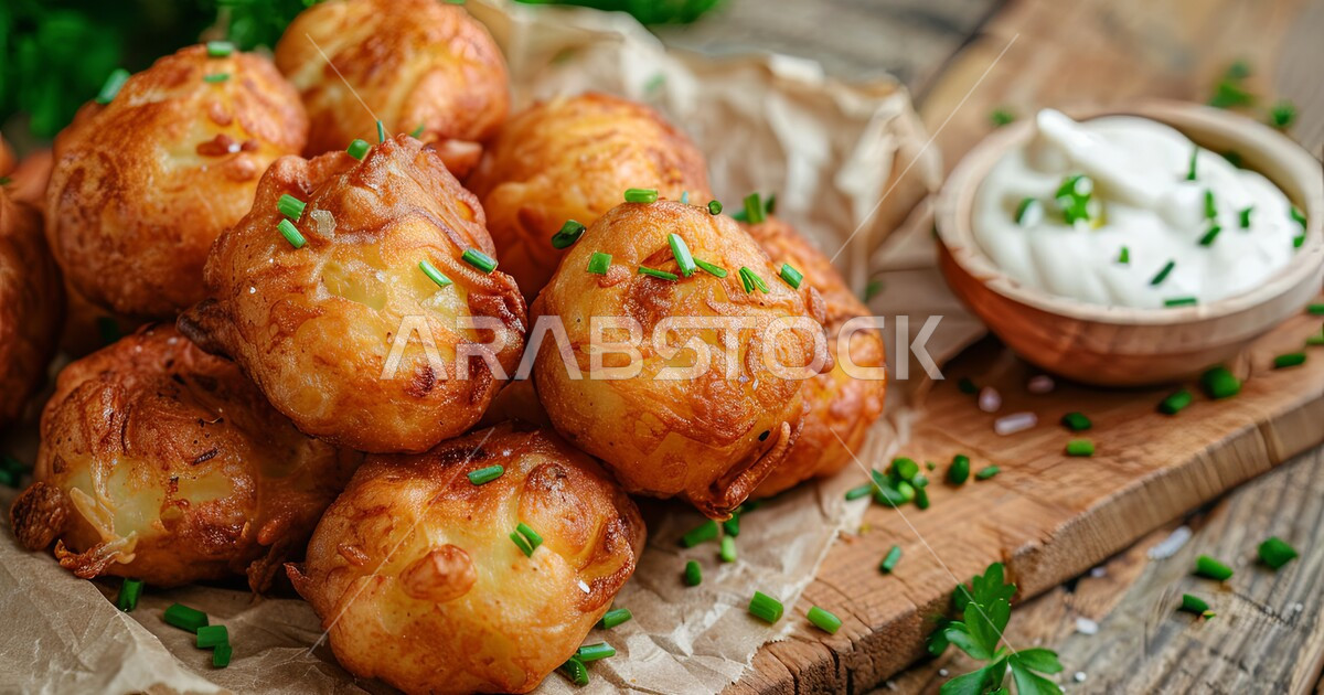 Crispy chicken balls, plate full of golden balls, fast food, unhealthy ...