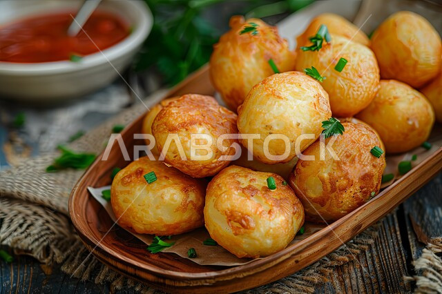 Plate full of golden balls, crispy chicken balls, fast food, unhealthy ...