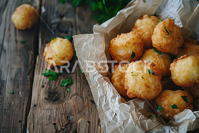 Plate full of golden balls, crispy chicken balls, fast food, unhealthy ...