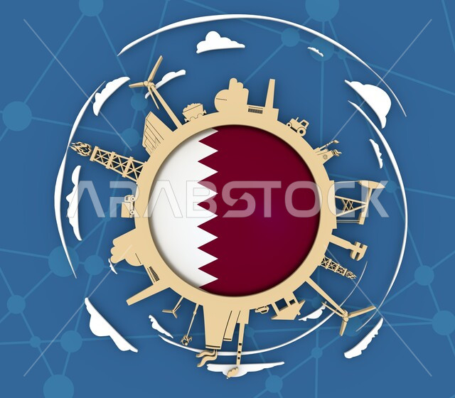 Qatar flag surrounded by industrial and economic symbols, renaissance ...