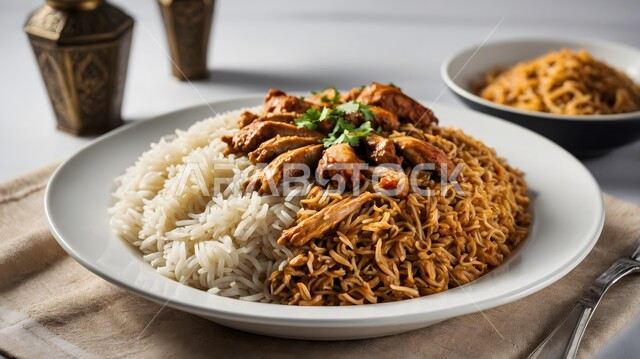 A plate of Kabsa rice with chicken decorated with parsley, traditional ...