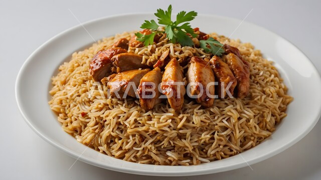 A plate of Kabsa rice with chicken decorated with parsley, traditional ...