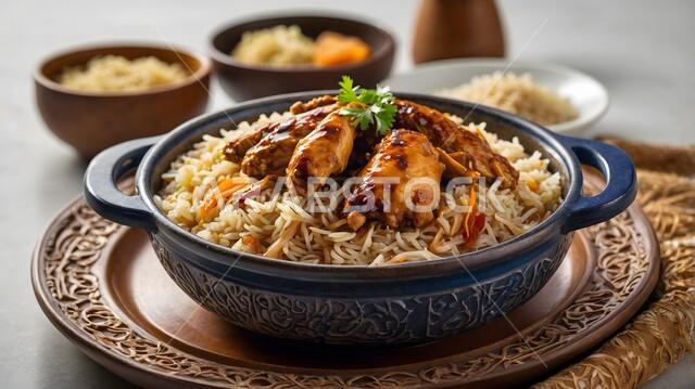 A plate of Kabsa rice with chicken decorated with parsley and ...