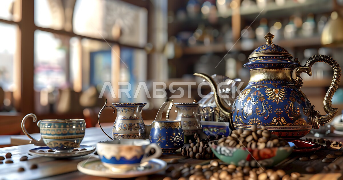 Scattered coffee beans, Arabic coffee in Saudi culture, luxurious Gulf ...