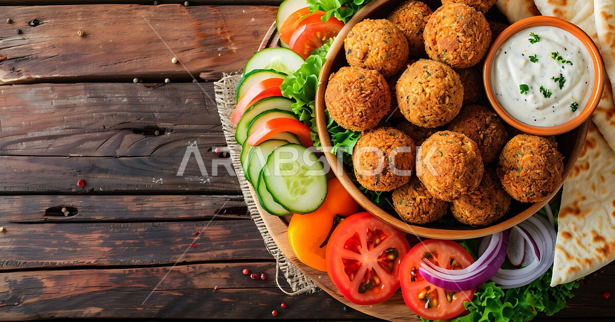 A plate of crispy falafel discs with fresh vegetables, traditional Arab ...