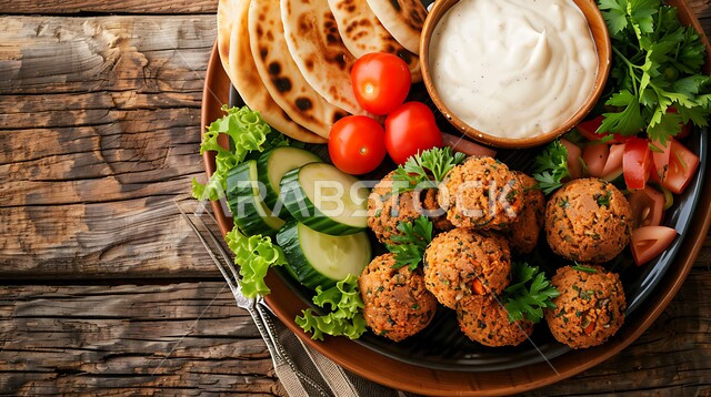 A plate of crispy falafel discs with fresh vegetables, traditional Arab ...
