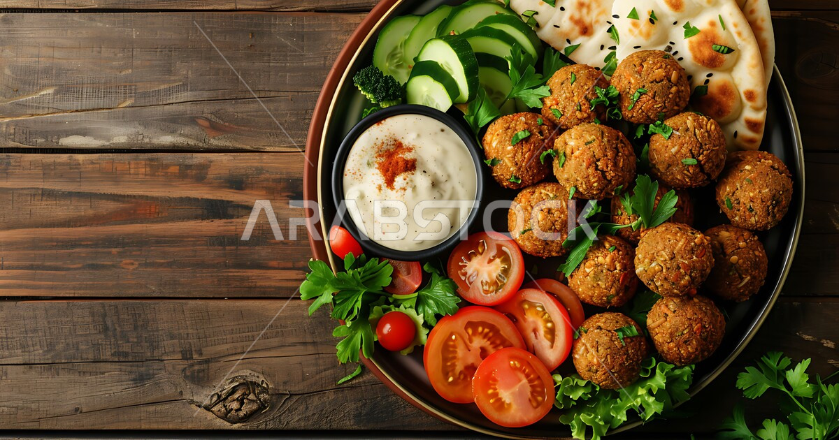 A plate of crispy falafel discs with fresh vegetables, traditional Arab ...