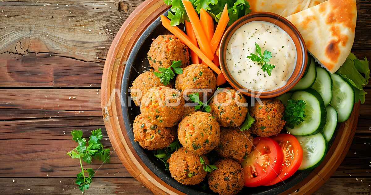 A plate of crispy falafel discs with fresh vegetables, traditional Arab ...