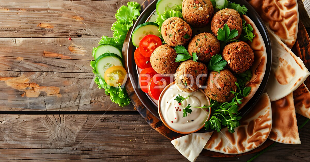 A plate of crispy falafel discs with fresh vegetables, traditional Arab ...