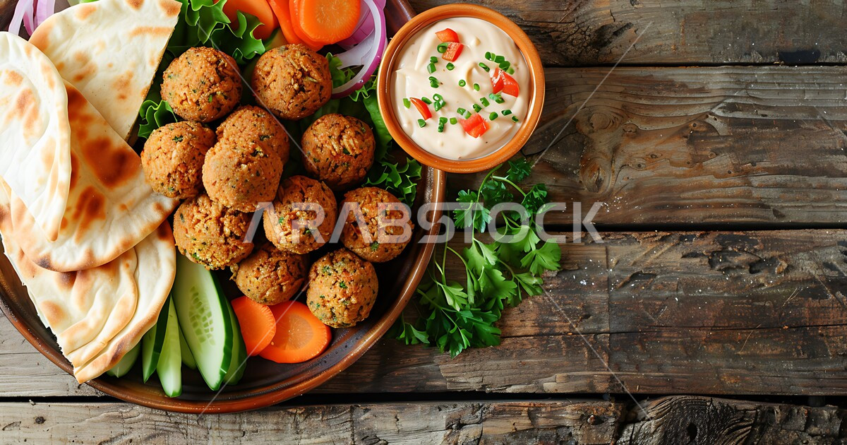 A plate of delicious falafel discs with vegetables and chickpeas, fresh ...