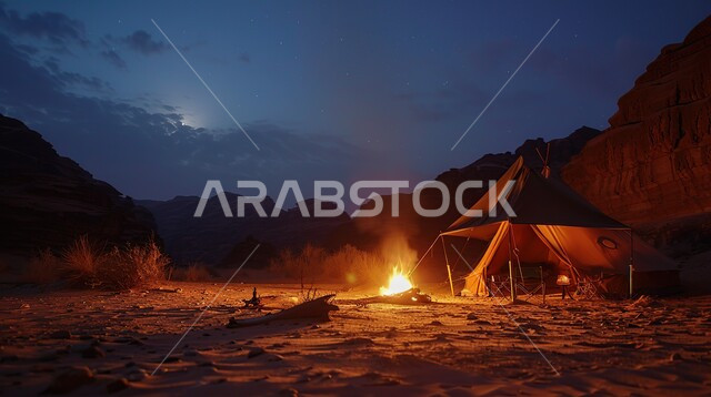 Enjoying the burning wood fire, tourist camps in the deserts of the ...