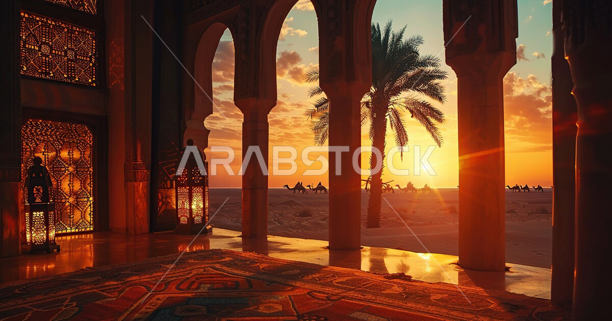 Traditional Arabic metal lanterns, soft golden sand in desert areas ...