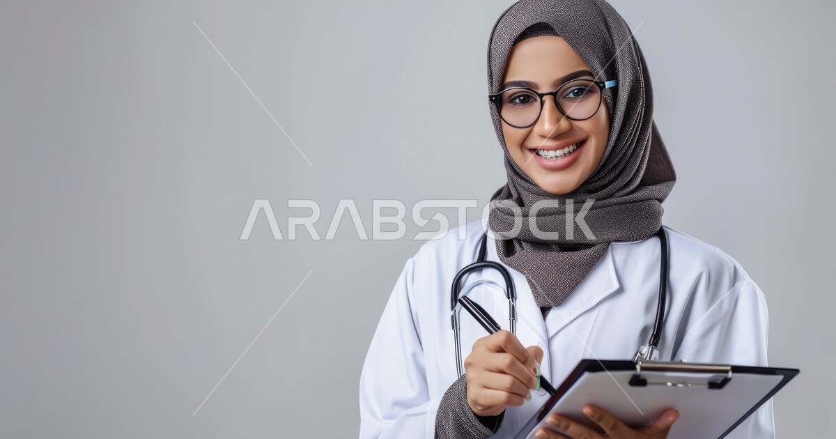 Working in the health sector, close-up portrait of a smiling veiled ...