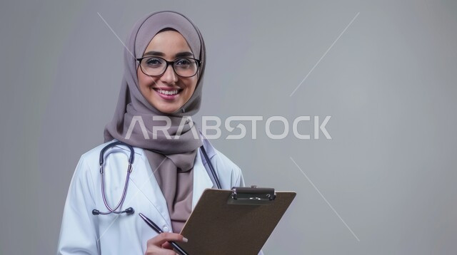 Working in the health sector, close-up portrait of a smiling veiled ...