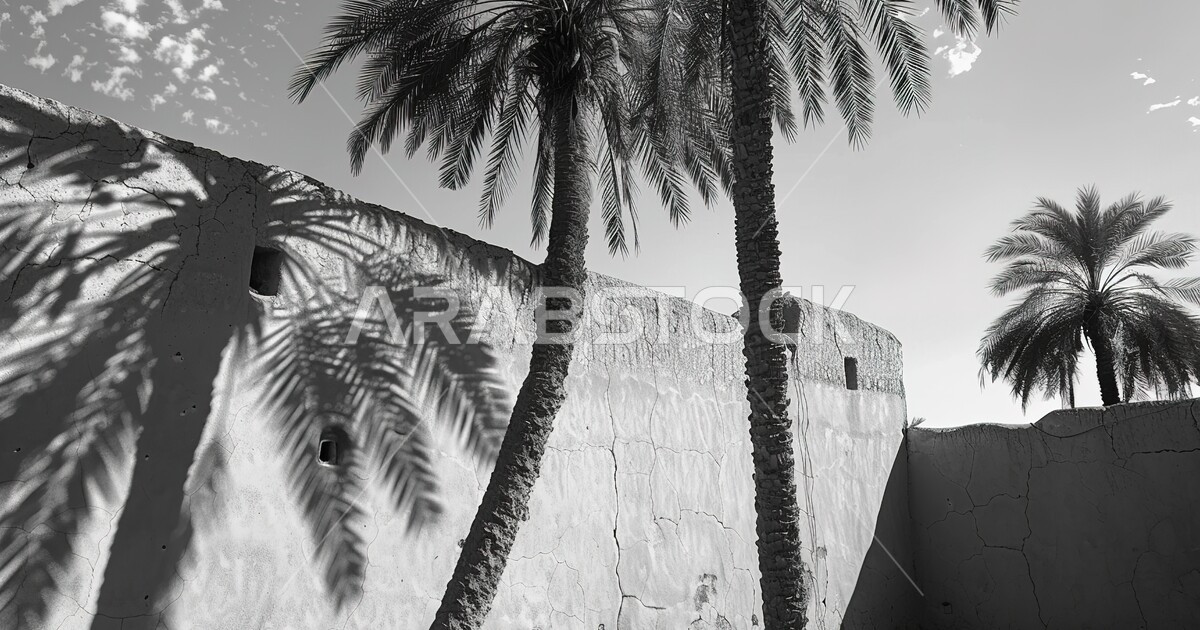 Historical archaeological buildings in the Kingdom of Saudi Arabia, a black and white picture of ...
