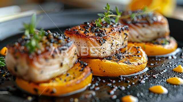 Grilled smoked salmon fillet dish with fresh vegetables, delicious ...