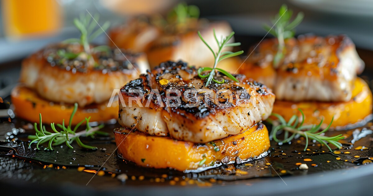 Grilled smoked salmon fillet dish with fresh vegetables, delicious ...