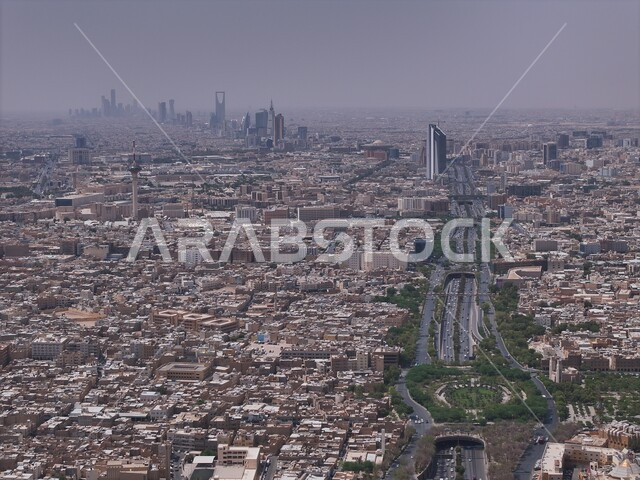 Aerial photo of Riyadh city in Saudi Arabia, streets and towers of the ...