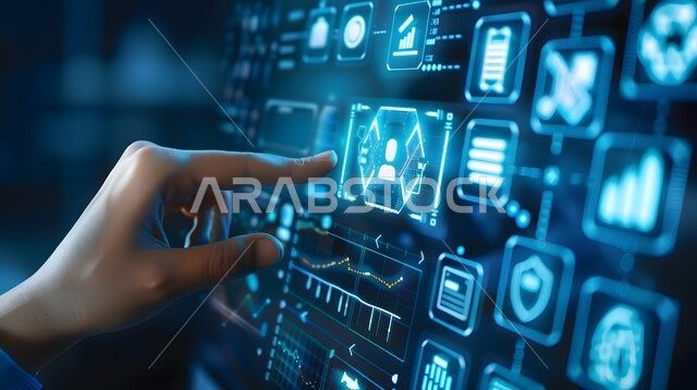 Improving work efficiency, close-up of a man's hand touching virtual ...