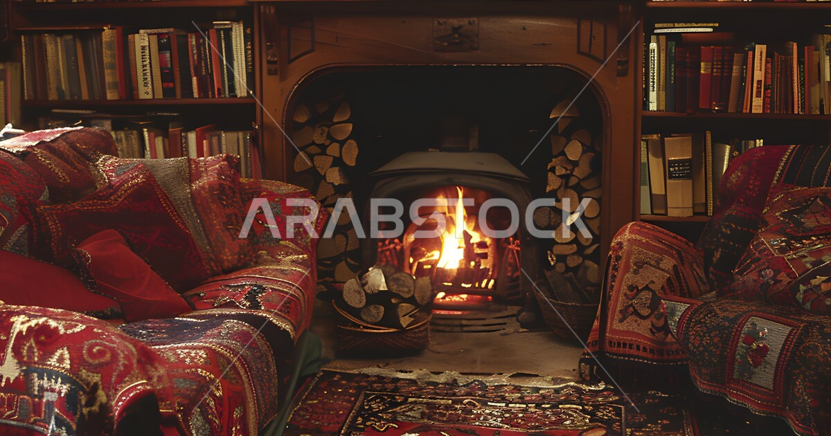Wood burning fireplace in a living room with antique designs ...