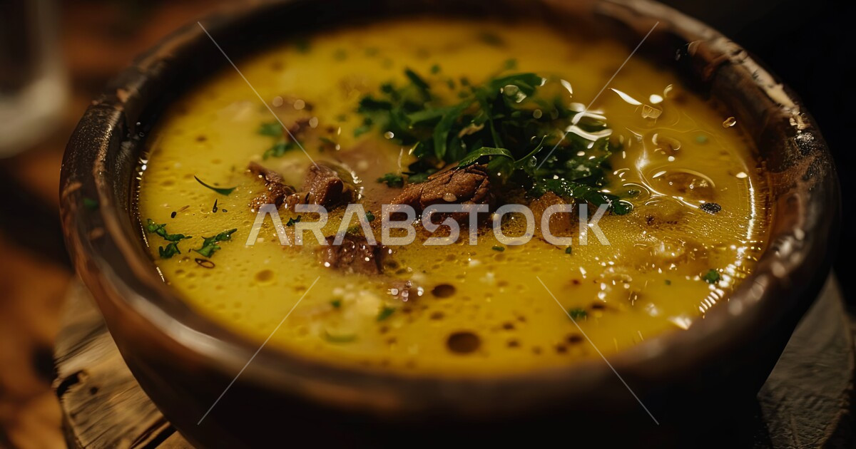 Snacks and healthy food, Saudi curry soup rich in spicy flavors ...