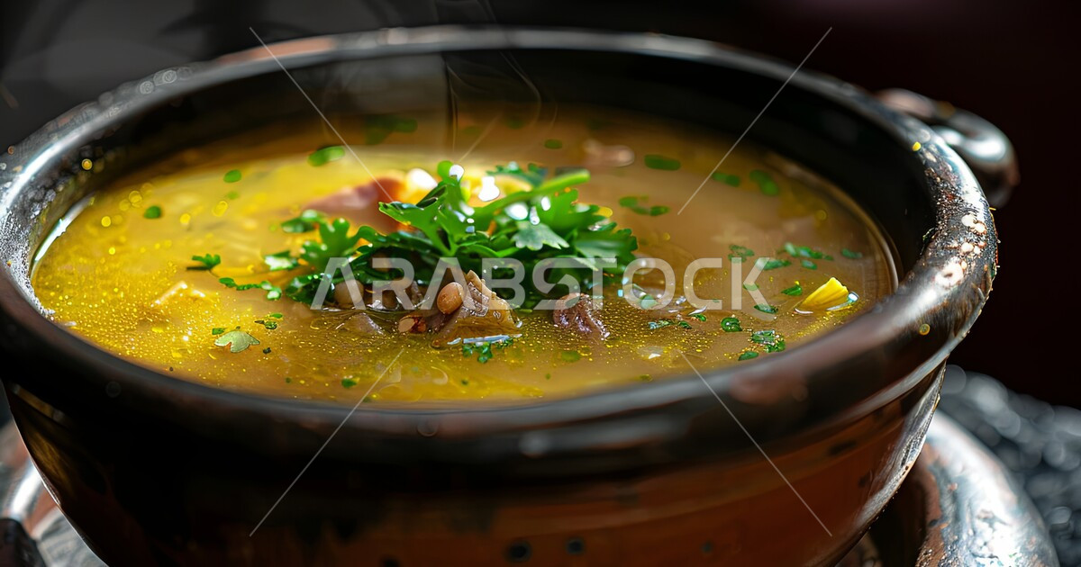 Saudi curry soup rich in spicy flavors garnished with parsley and herbs ...