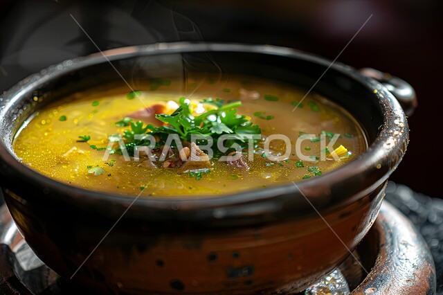 Saudi curry soup rich in spicy flavors garnished with parsley and herbs ...