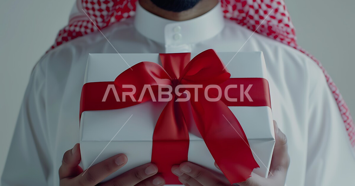 Saudi Arabian Gulf man wearing traditional thobe and shemagh holding ...