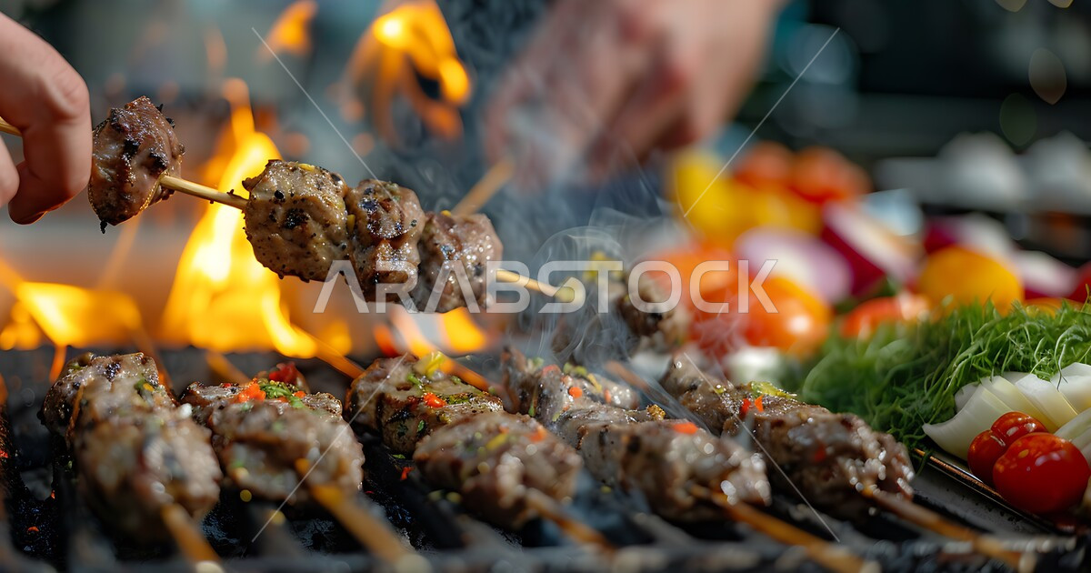 Fire rising from the barbecue grill, Protein-rich meals, Saudi Arabia ...