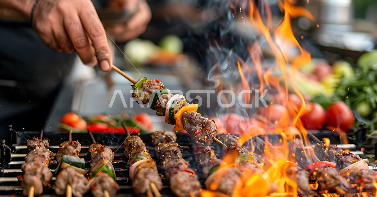 Eastern Arab foods and items, close-up of the hand of a Saudi Arabian ...