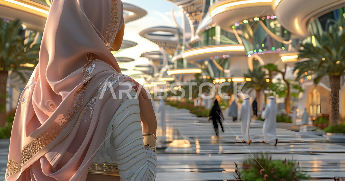 Architectural engineering art, back view of a Saudi Arabian Gulf woman ...