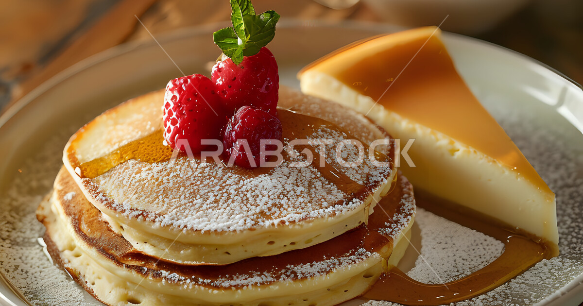 A plate of delicious crepe sheets decorated with honey and fruits on a ...