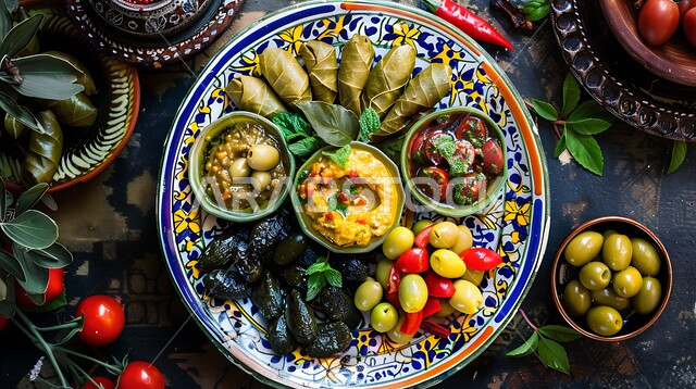 Traditional Arabic breakfast, close-up of a plate of assorted and ...