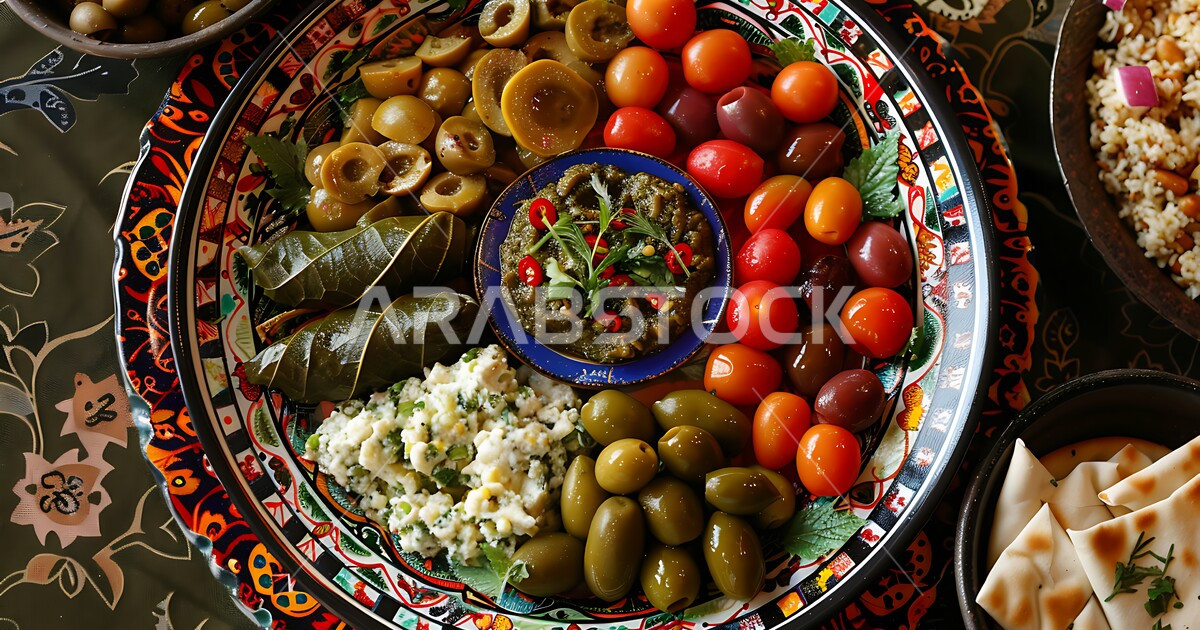 Traditional Arabic breakfast, close-up of a plate of assorted and ...