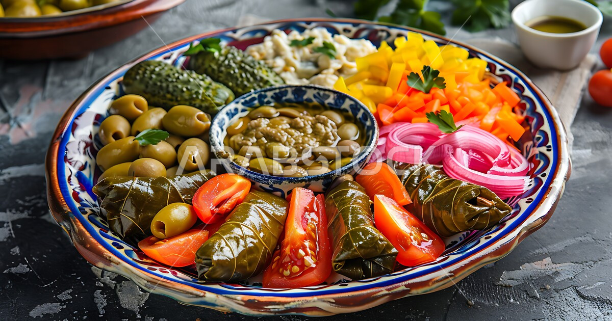 Traditional Arabic breakfast, close-up of a plate of assorted and ...