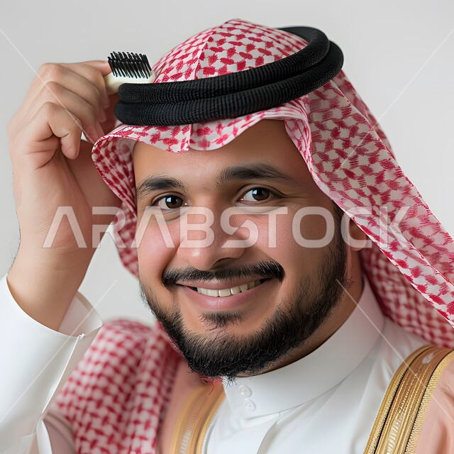 Caring about appearance, portrait of an Arab Gulf Emirati man wearing ...