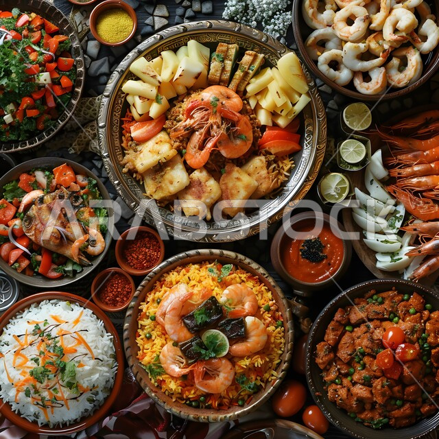 Delicious oriental Arabic dishes, a table full of various meals, a ...