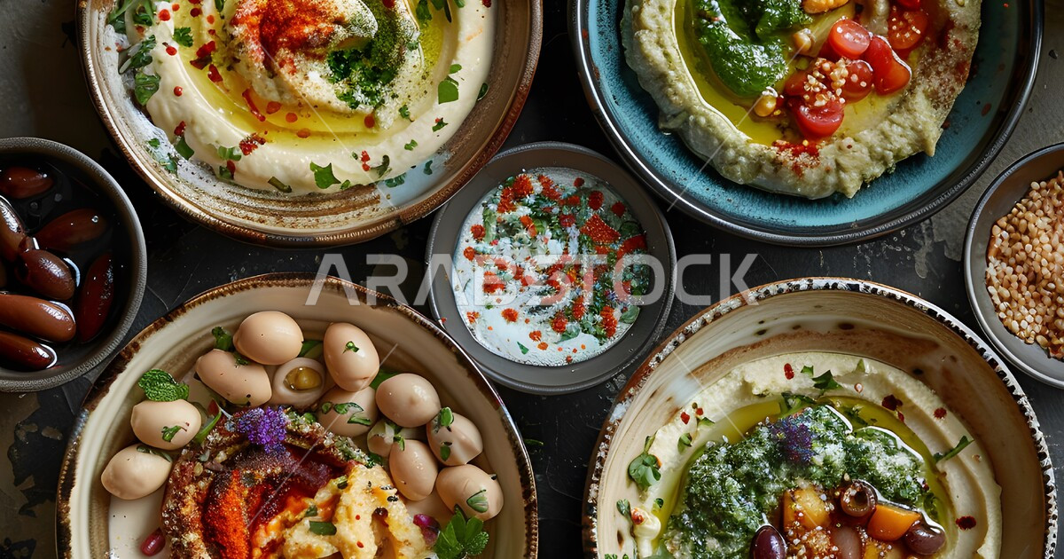 مجموعة متنوعة من وجبات الحمص, أطباق الطعام الصحية اللذيذة، مطاعم ...