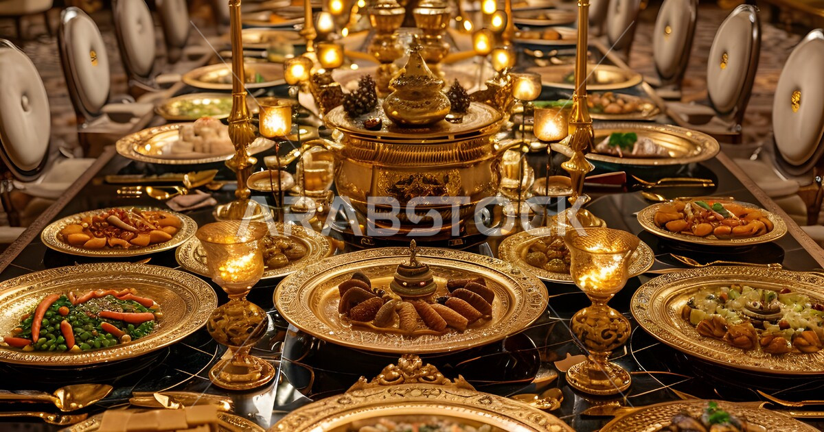 Setting a luxurious dinner table with golden touches, traditional ...