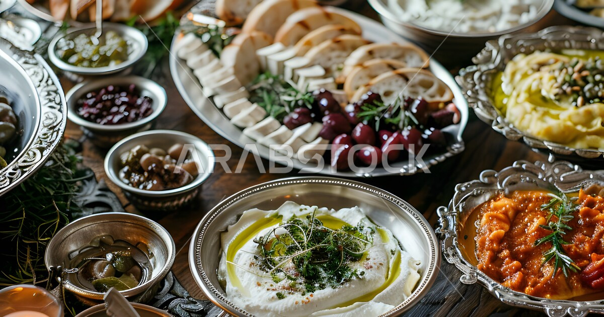 A table filled with a variety of appetizers, traditional Arabic dishes ...