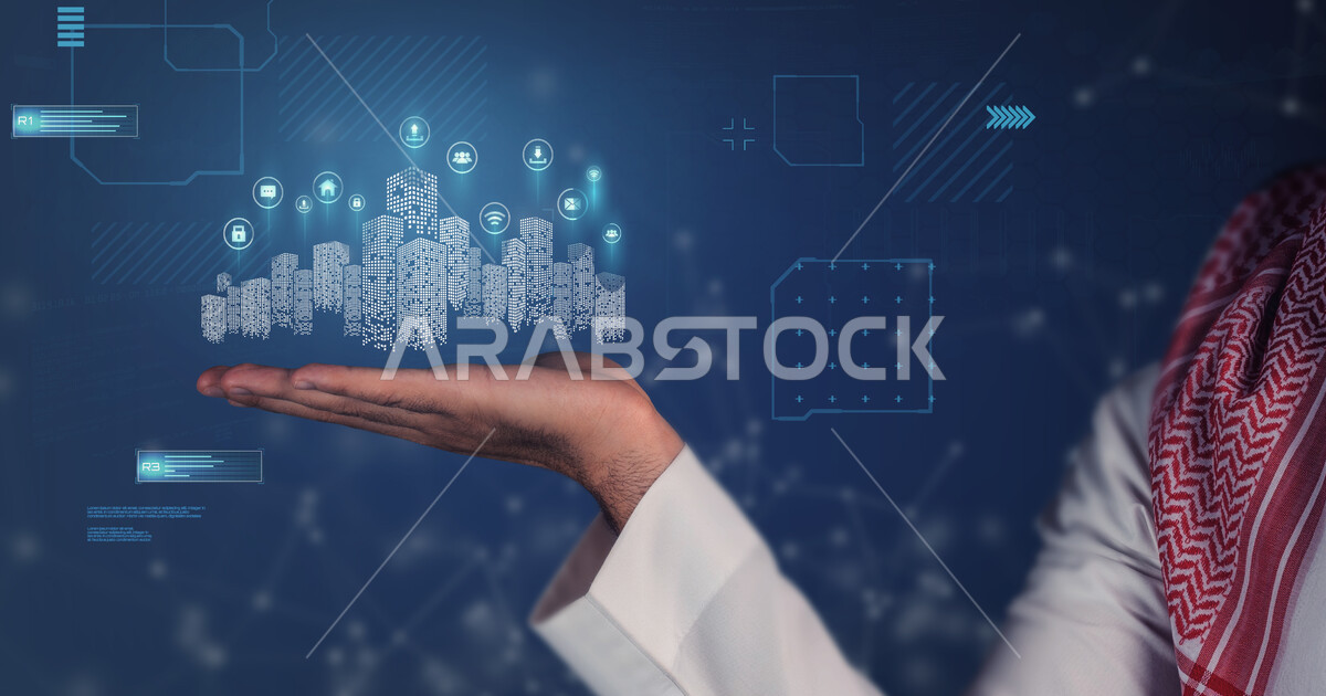 A close-up of the hand of a Saudi Gulf man, holding in his hand a group ...