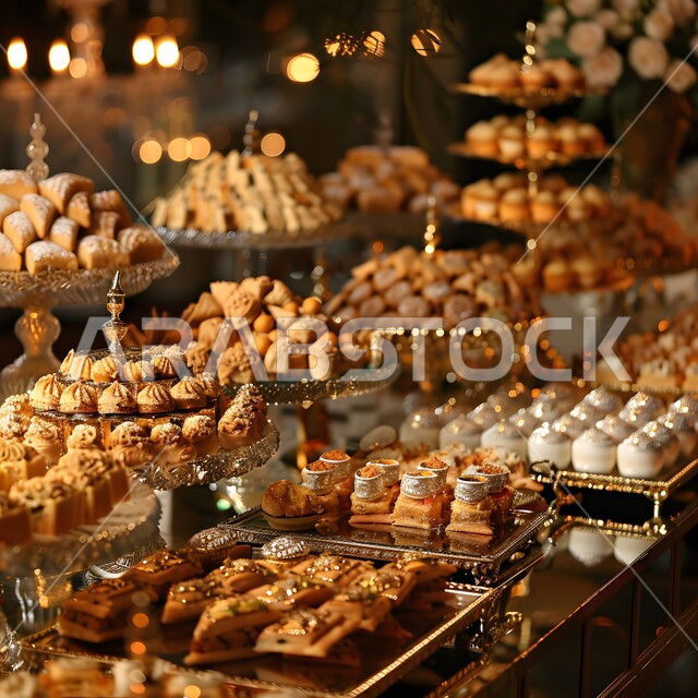 Open buffet of delicious Arabic sweets, the art of presenting sweets in ...