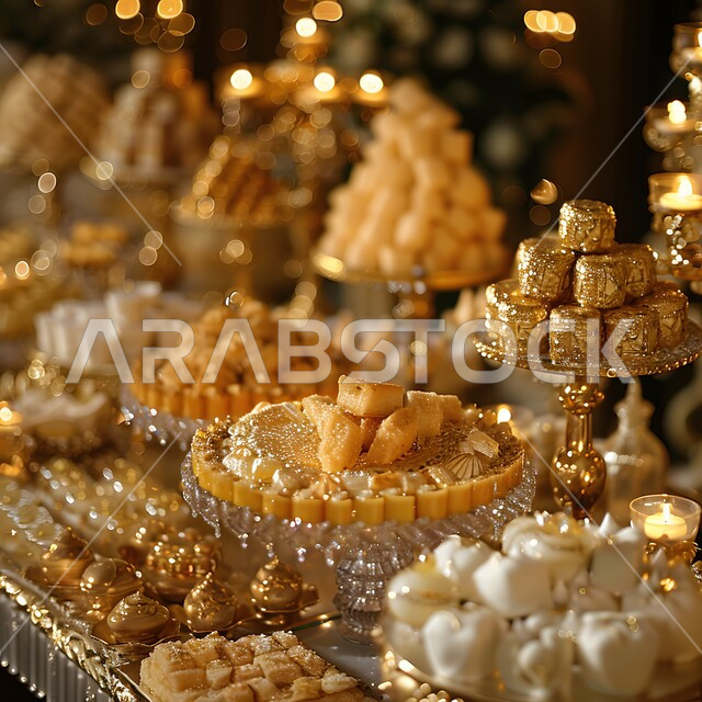 Open buffet of delicious Arabic sweets, the art of presenting sweets in ...