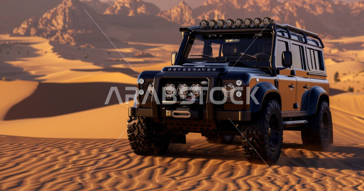 Safari adventure on sand dunes in Saudi Arabia, Close-up of 4x4 ...