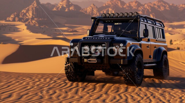 Safari adventure on sand dunes in Saudi Arabia, Close-up of 4x4 ...