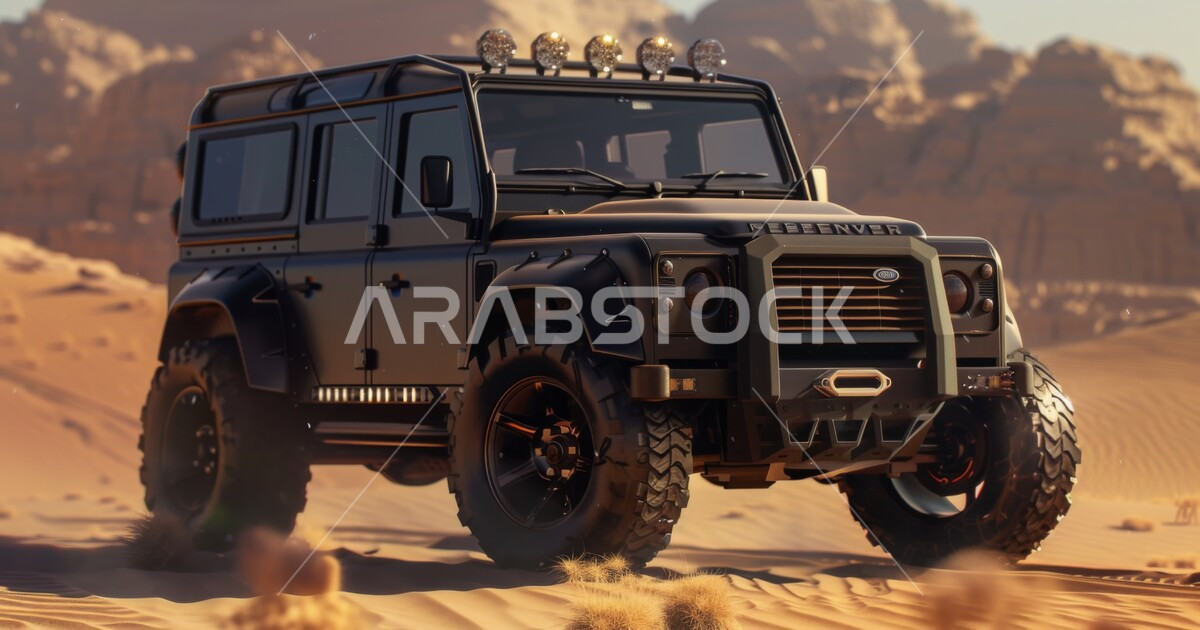 Safari adventure on sand dunes in Saudi Arabia, Close-up of 4x4 ...